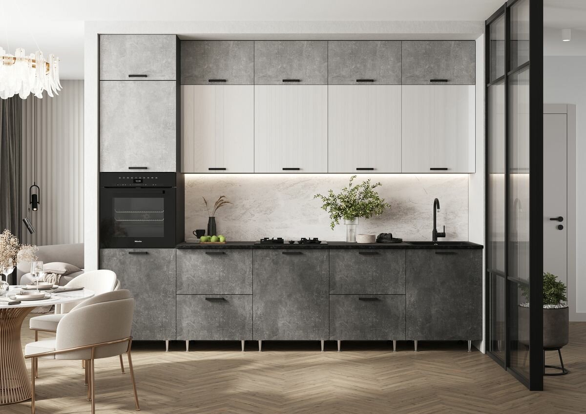 Кухонный гарнитур 3м/1080 (к.3) Рио NEW бетон светлый/бетон темный/белый глянец, графит со столешницей, МИФ