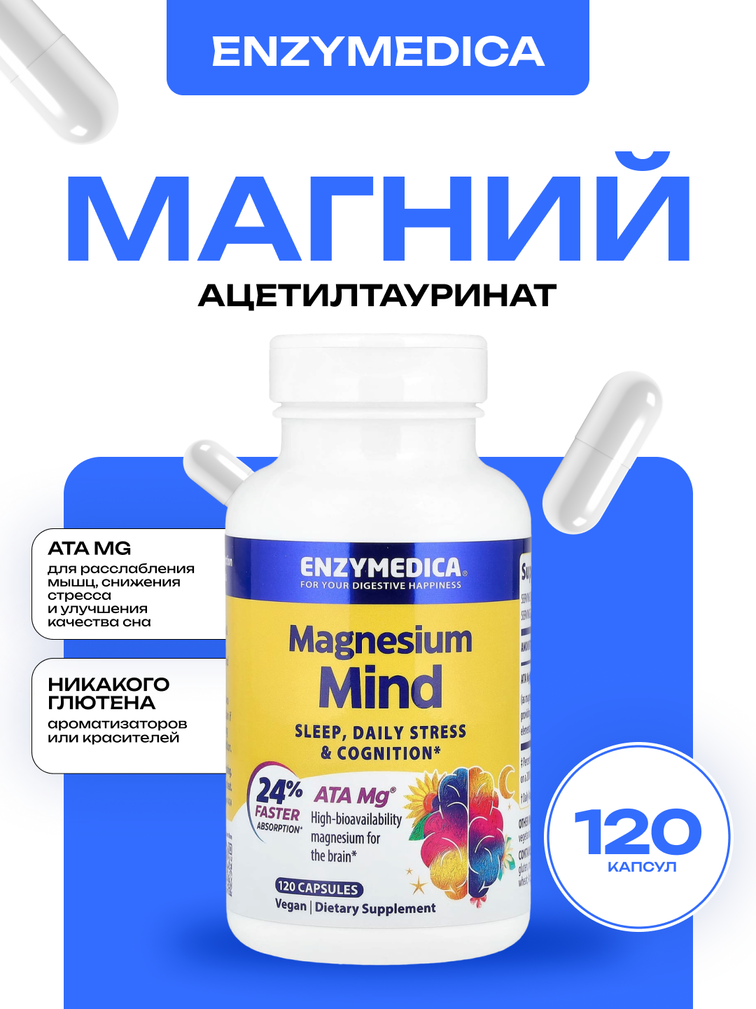 Магний Enzymedica "Magnesium Mind", для восстановления и профилактики, 350мг, 120 капсул
