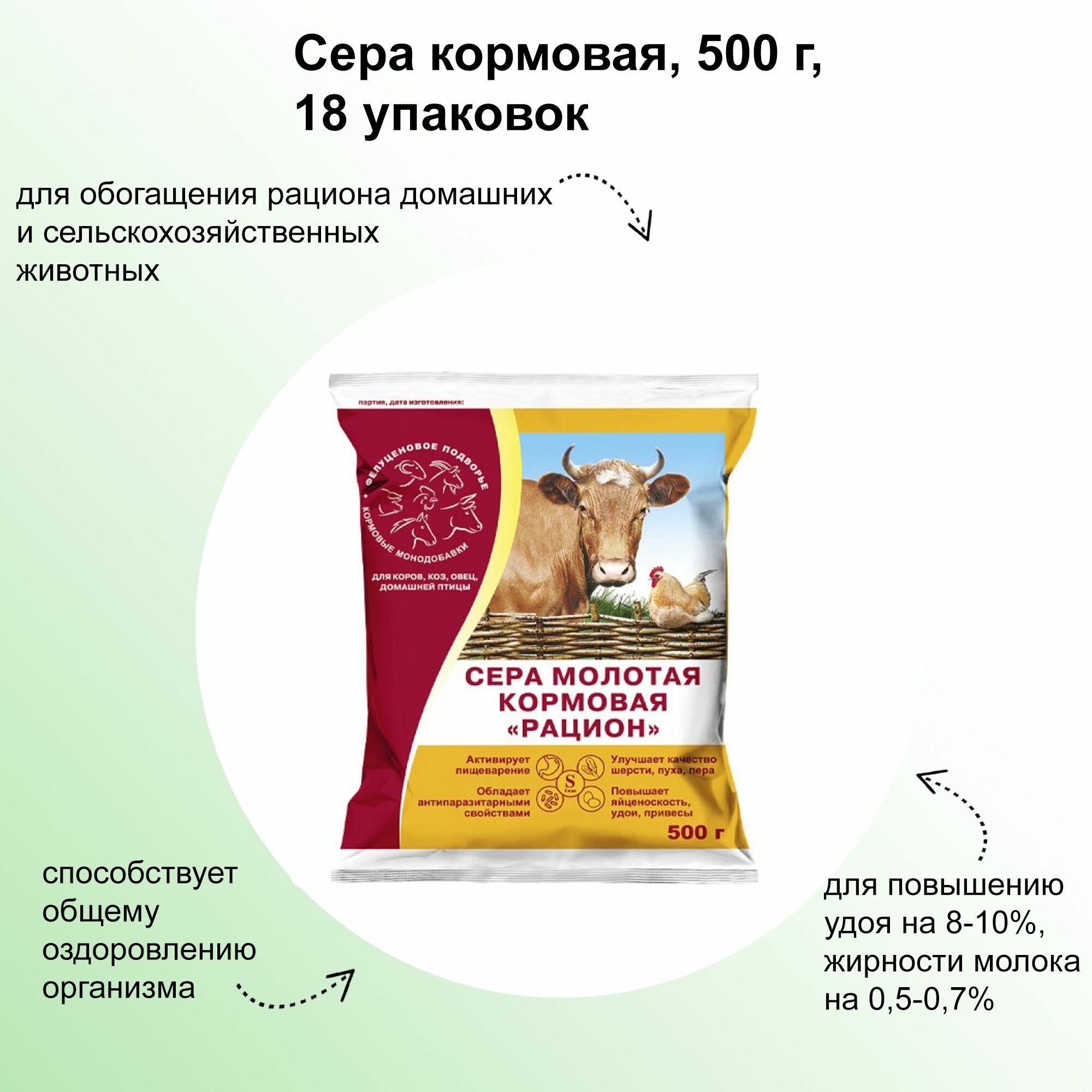 Сера кормовая молотая 500г, 18 упаковок, незаменима для обогащения рациона домашних и сельскохозяйственных животных и укрепления их физиологического состояния