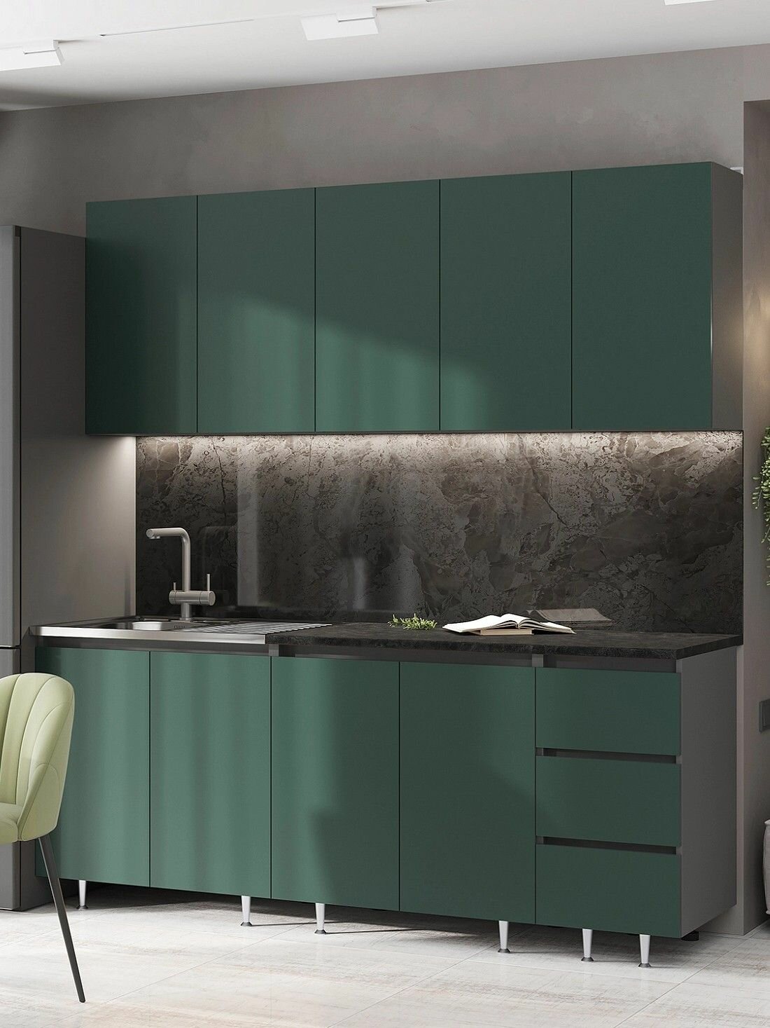 Кухня Челси 2,0м (Изумрудный, Графит (Кастилло темный))