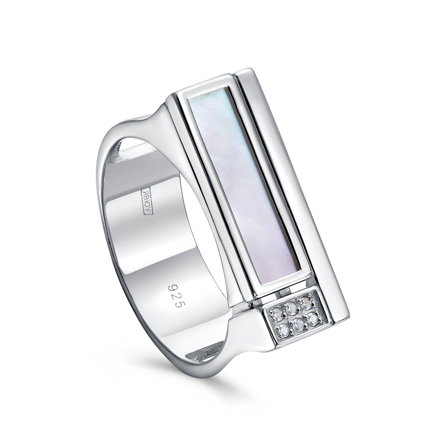 Кольцо широкое, серебро, 925 проба, родирование, перламутр, фианит