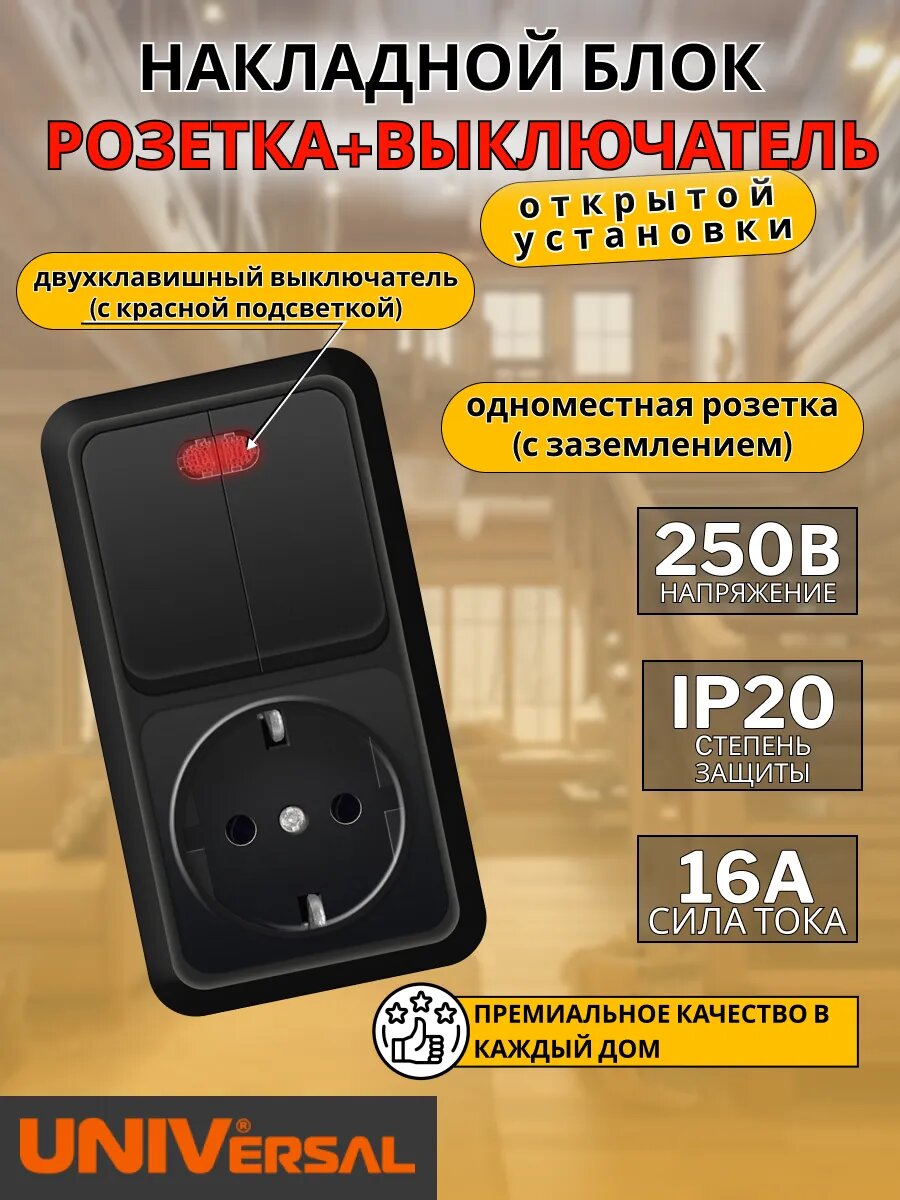 Розетка с двухклавишным выключателем накладная