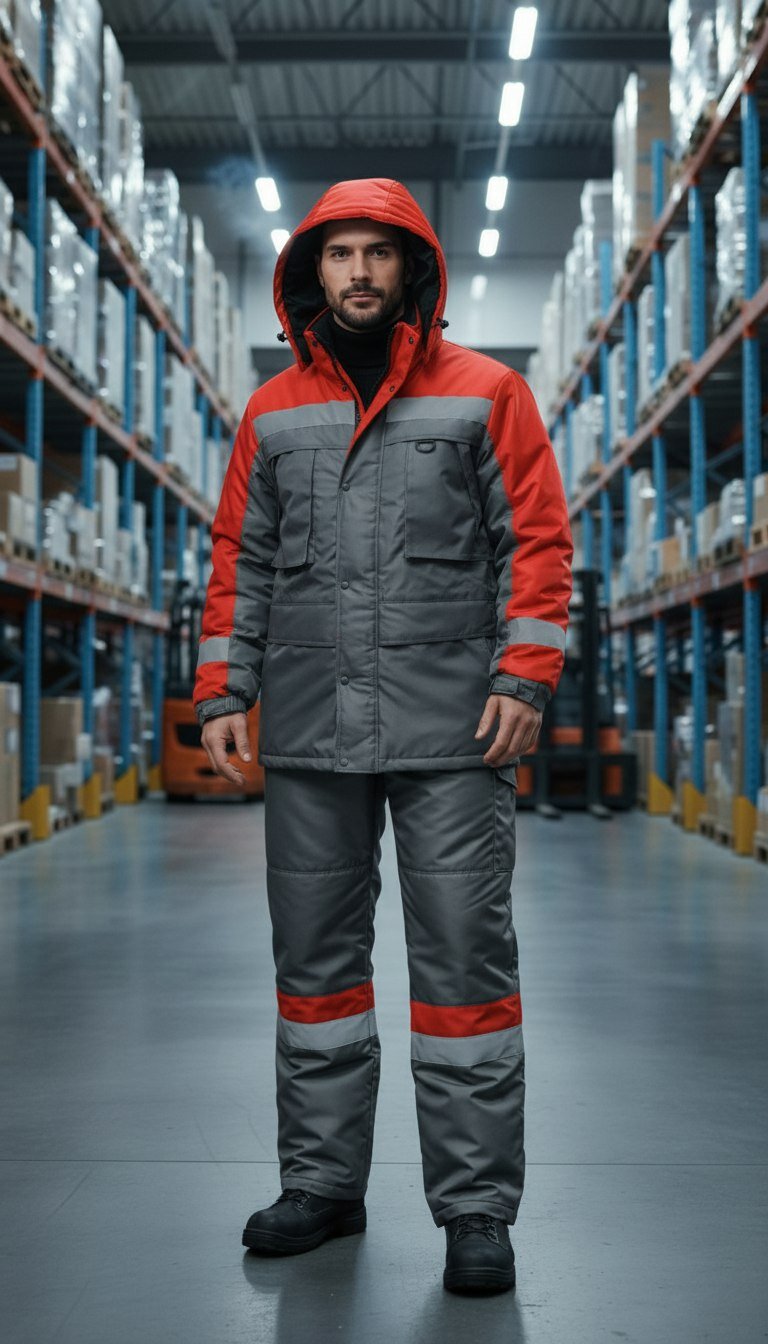 Рабочий костюм, мужской, утеплённый, оксфорд, серо-красный, куртка и брюки