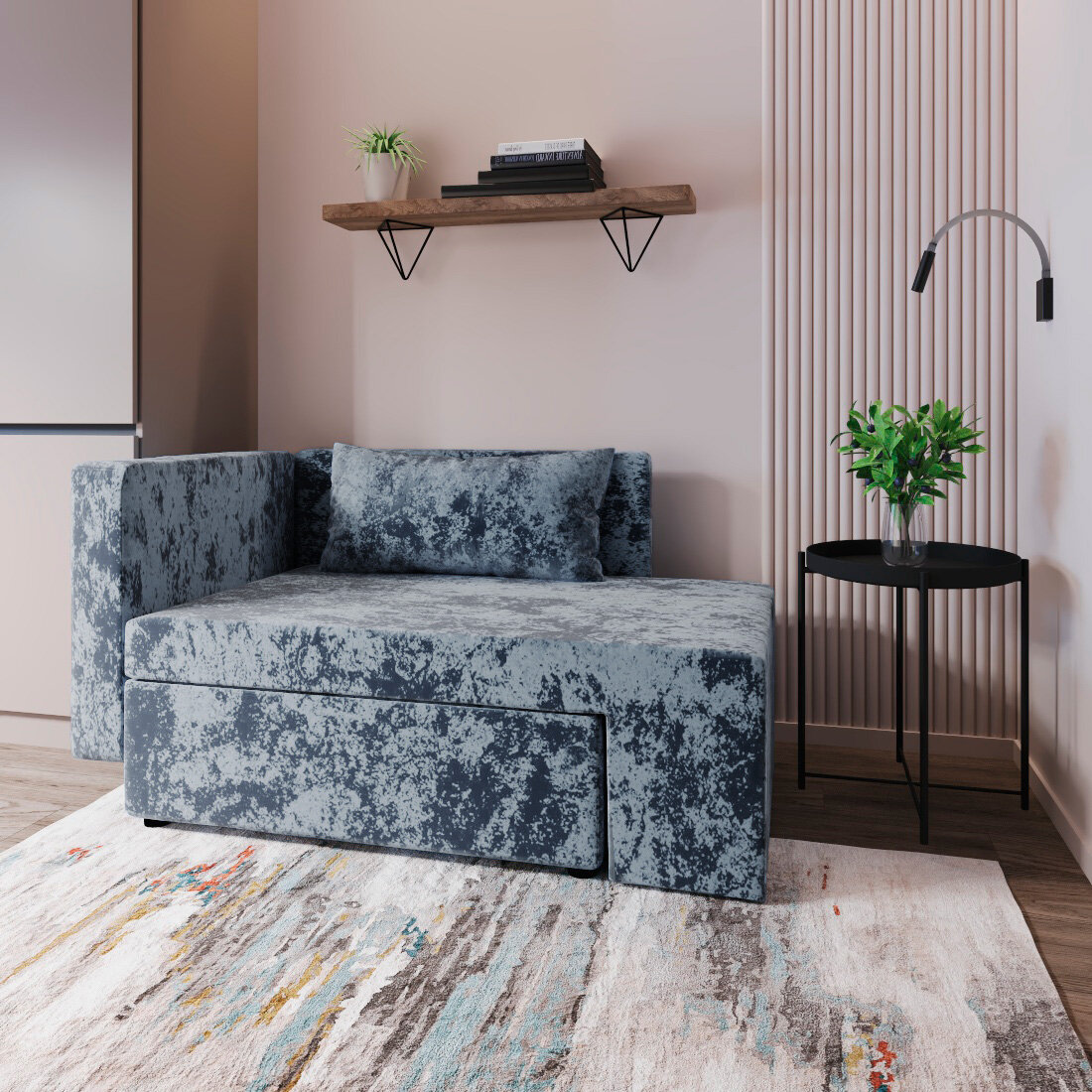 Диван-тахта, раскладной, угловой, с ящиком, велюр, 144x74x78 см