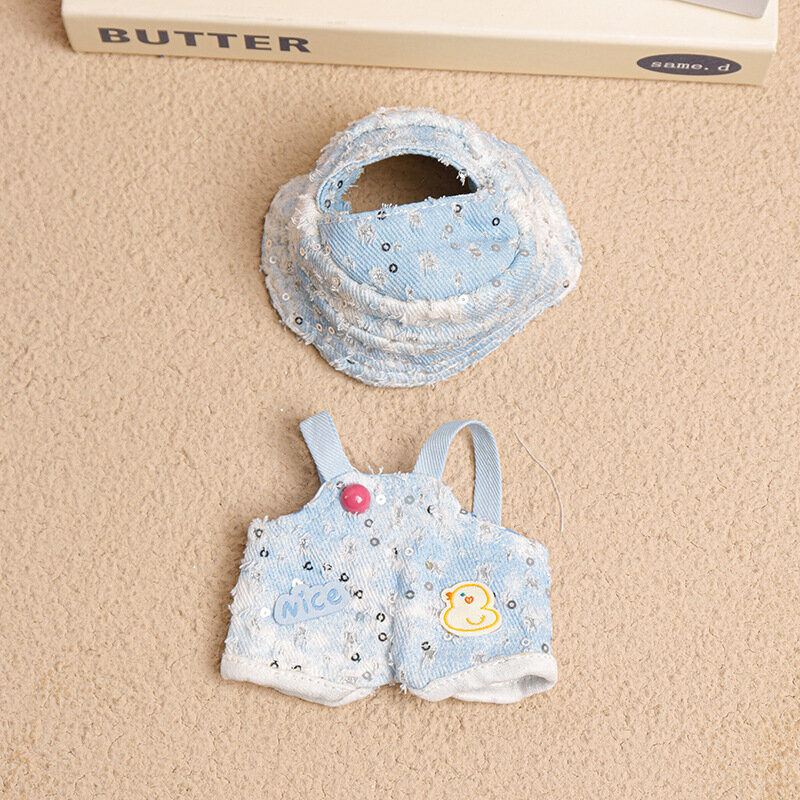 Новый 17-сантиметровый кулон Labubu, одежда, подтяжки, капюшон, встроенная рыбацкая шляпа, комбинезон для куклы Labubu,