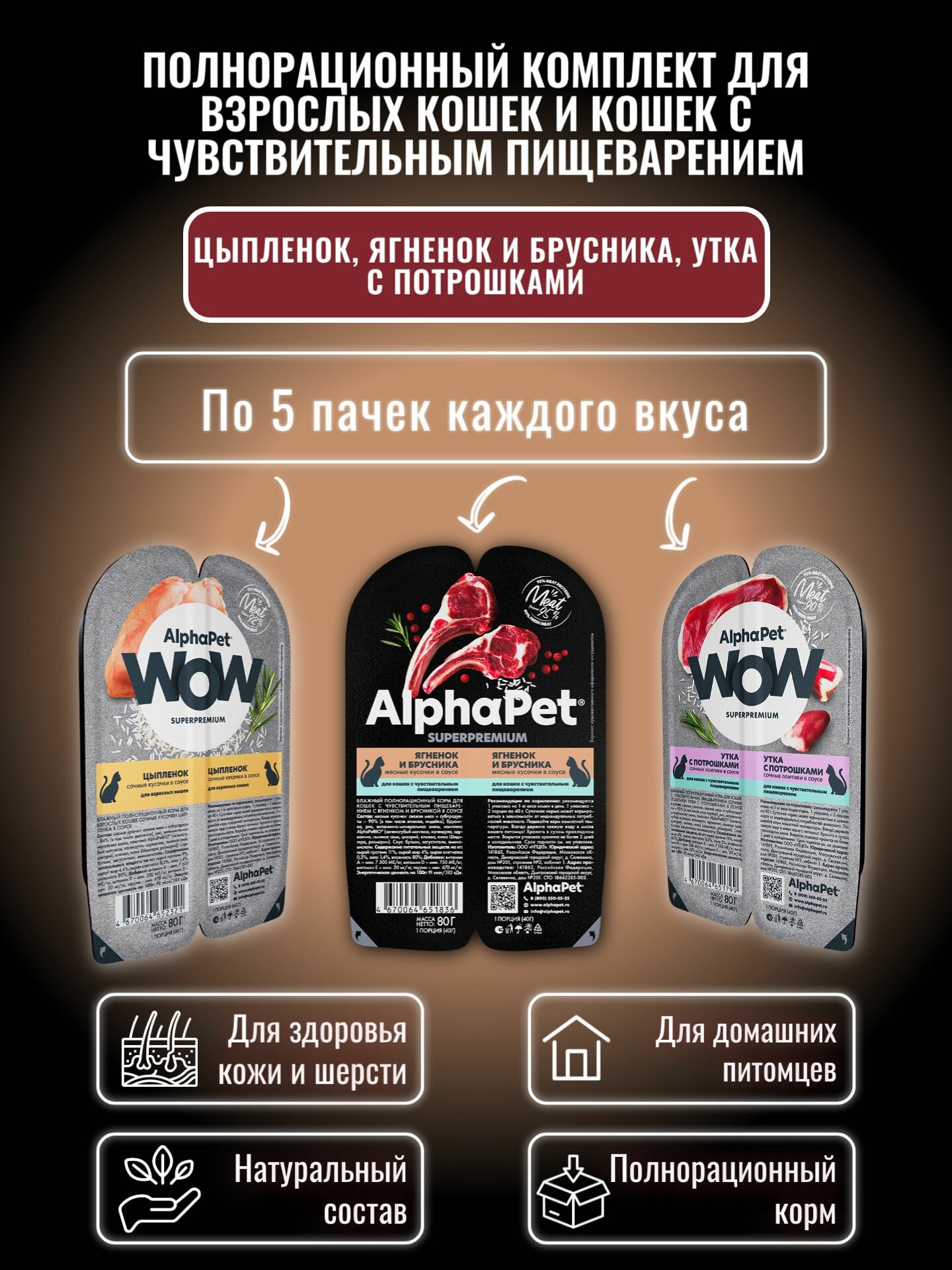 AlphaPet Superpremium / Комплект для взрослых кошек и котов и кошек с чувствительным пищеварением, 3 вкуса (Цыплёнок, Ягнёнок, Утка), 15 шт