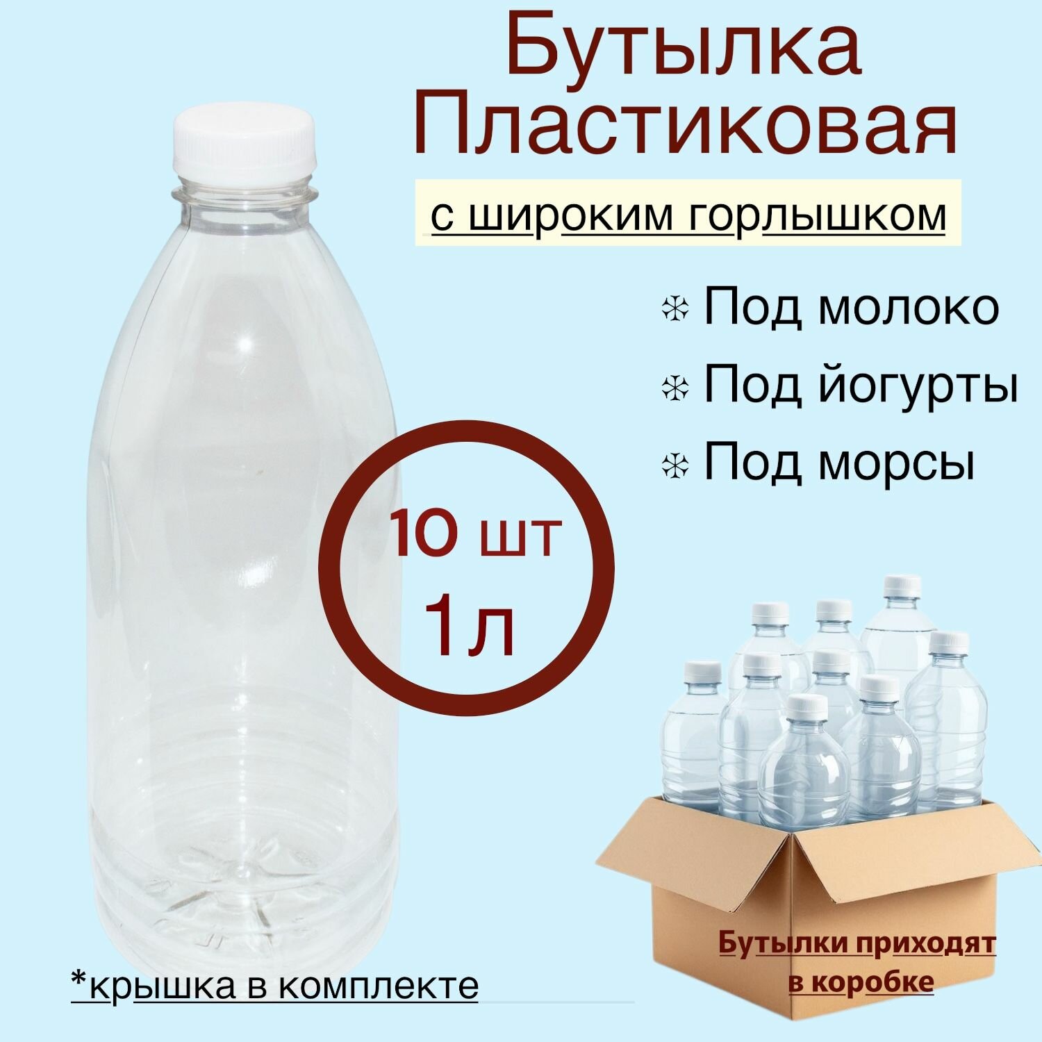 Бутылка пластиковая приходит в коробке, прозрачная ПЭТ 1 л с крышкой (упаковка 10 шт)