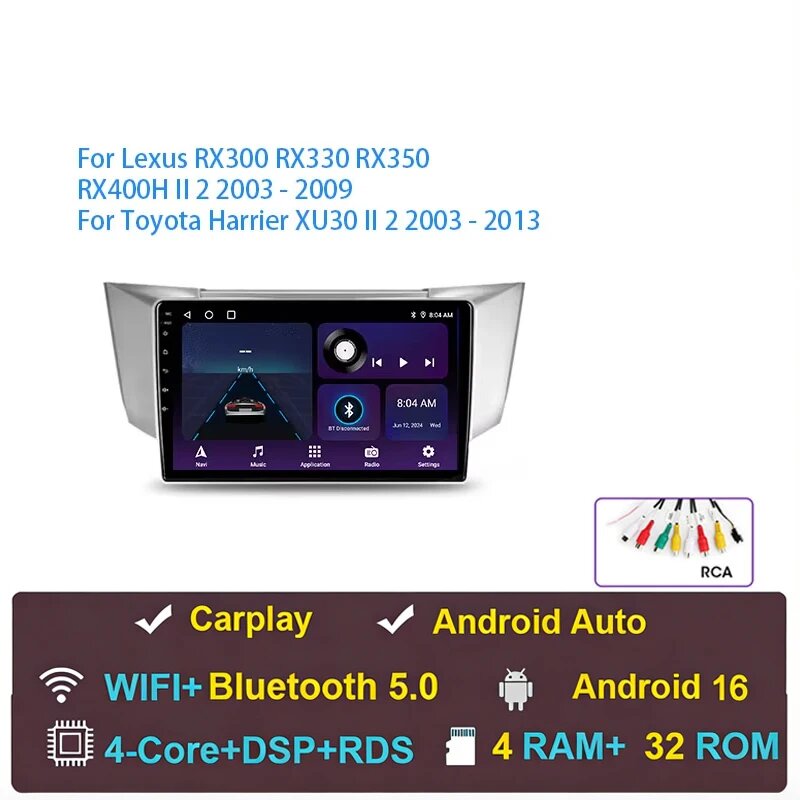 Автомагнитола Android 16 с 4G для Lexus RX300 RX330 RX350 RX400 H12 2003-2009 и Toyota Harrier XU30L 2003-2013 U1 4G-32G MIC