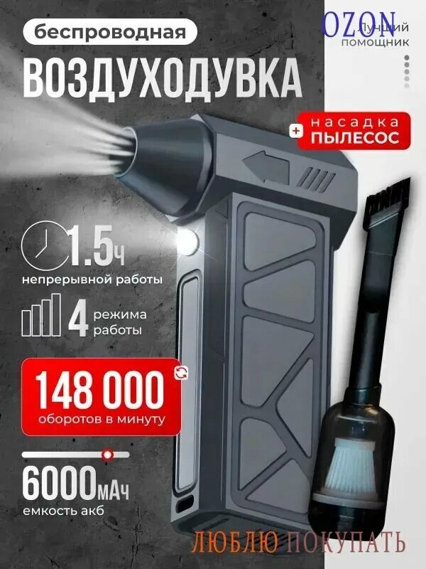 Воздуходувка аккумуляторная 2 в 1 / Ветродуйка с функцией пылесоса / Воздуходувка для компьютера, Турбовентилятор