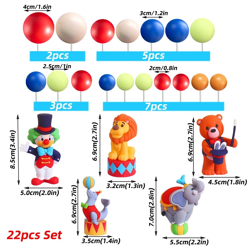 Цирковый топпер для торта Клоун, Лев, Слон Синий, 22pcs Set