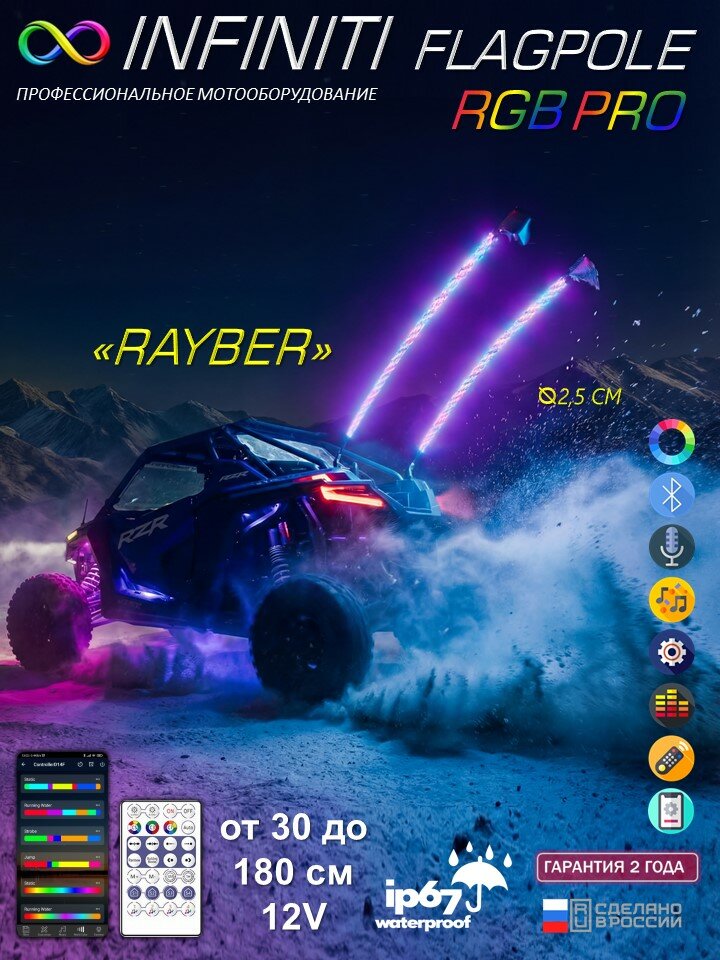 Флагштоки RGB PRO от 30-180 см на квадроцикл, багги с пультом и Bluetooth 2 шт
