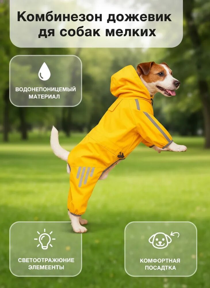 Комбинезон дождевик для собак мелких пород йорк чихуахуа той терьер шпиц желтый водоотталкивающий полиэстер на кнопках с поясом демисезон