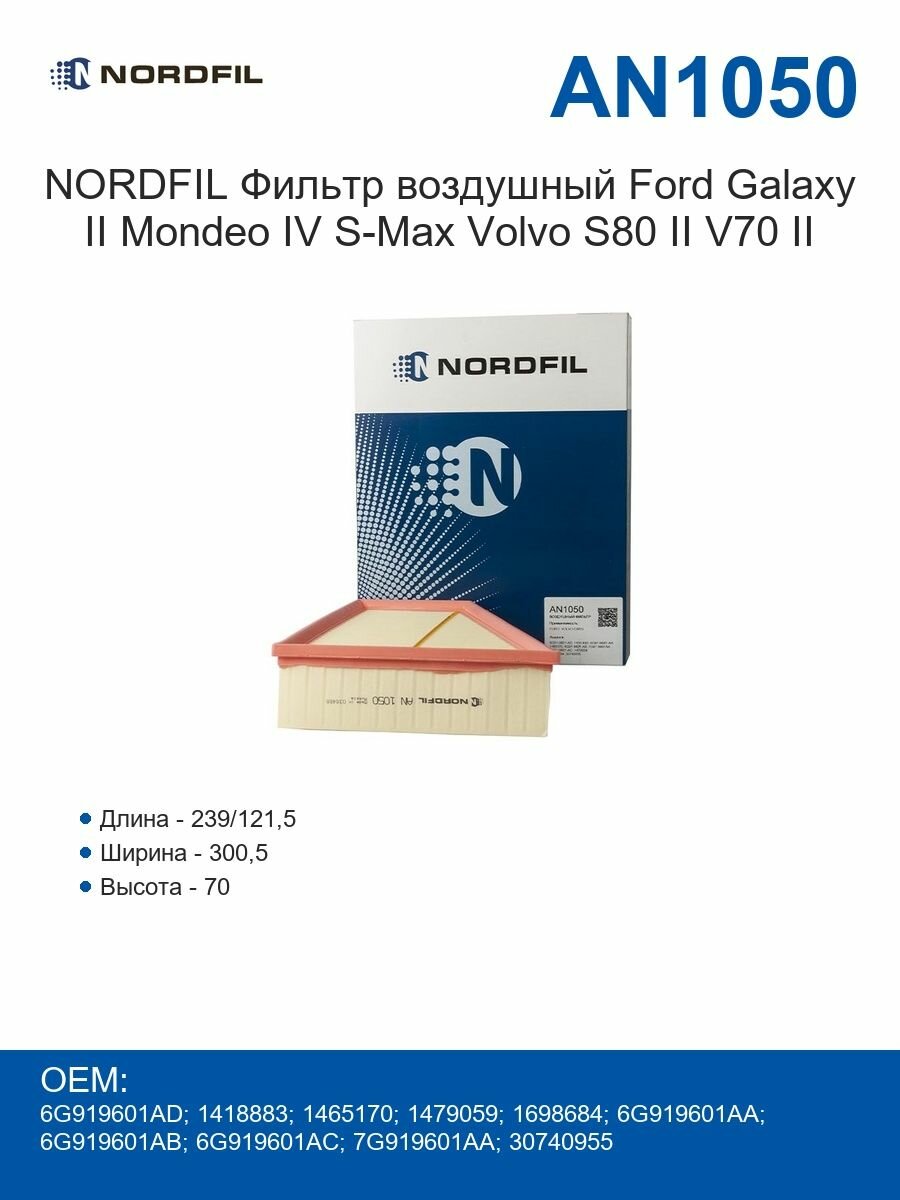 NORDFIL Фильтр воздушный Ford Galaxy II Mondeo IV S-Max Volvo S80 II V70 II