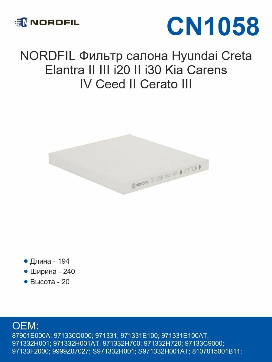 NORDFIL Фильтр салона Hyundai Creta Elantra II III i20 II i30 Kia Carens IV Ceed II Cerato III
