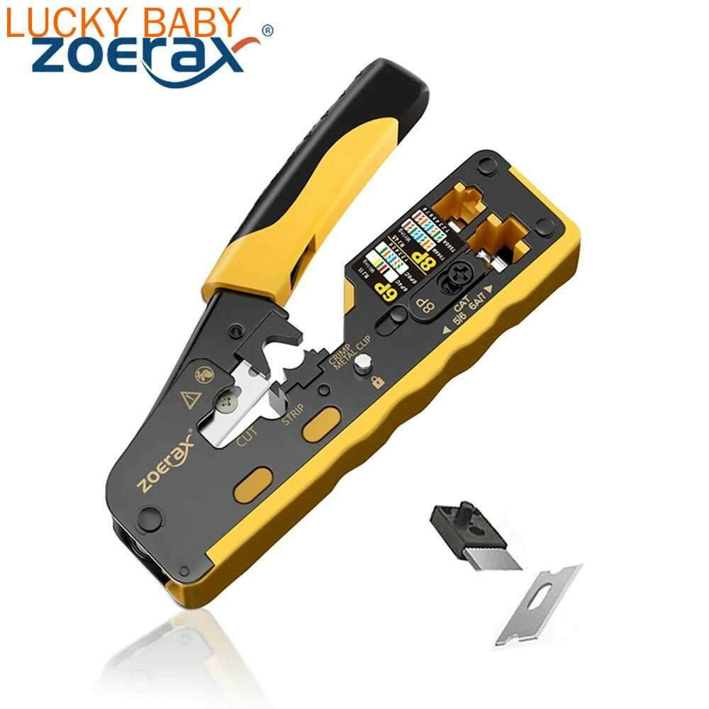 ZoeRax Обжимной инструмент RJ45 для разъемов Ethernet Cat7, Cat6a, Cat6 Cat5e, Кусачки для проводов, Щипцы для обжима Ethernet со сменным лезвием