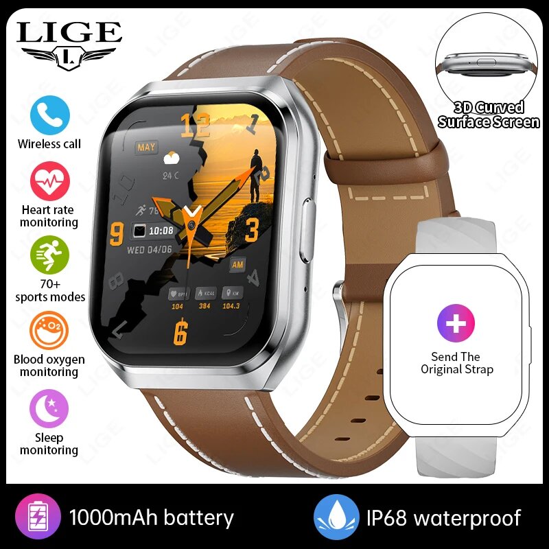 LIGE Smart Watch 1000mAh для мужчин Коричневый, leather brown