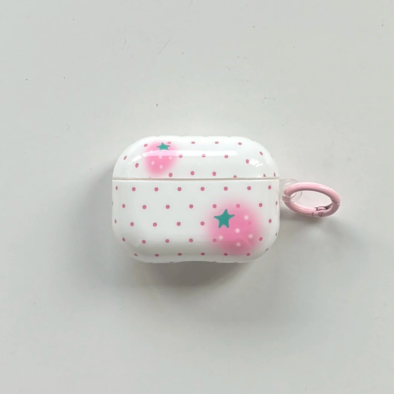 Чехол для AirPods с блестками розово-белый горошек клубника for AirPods Pro 2, WHITE