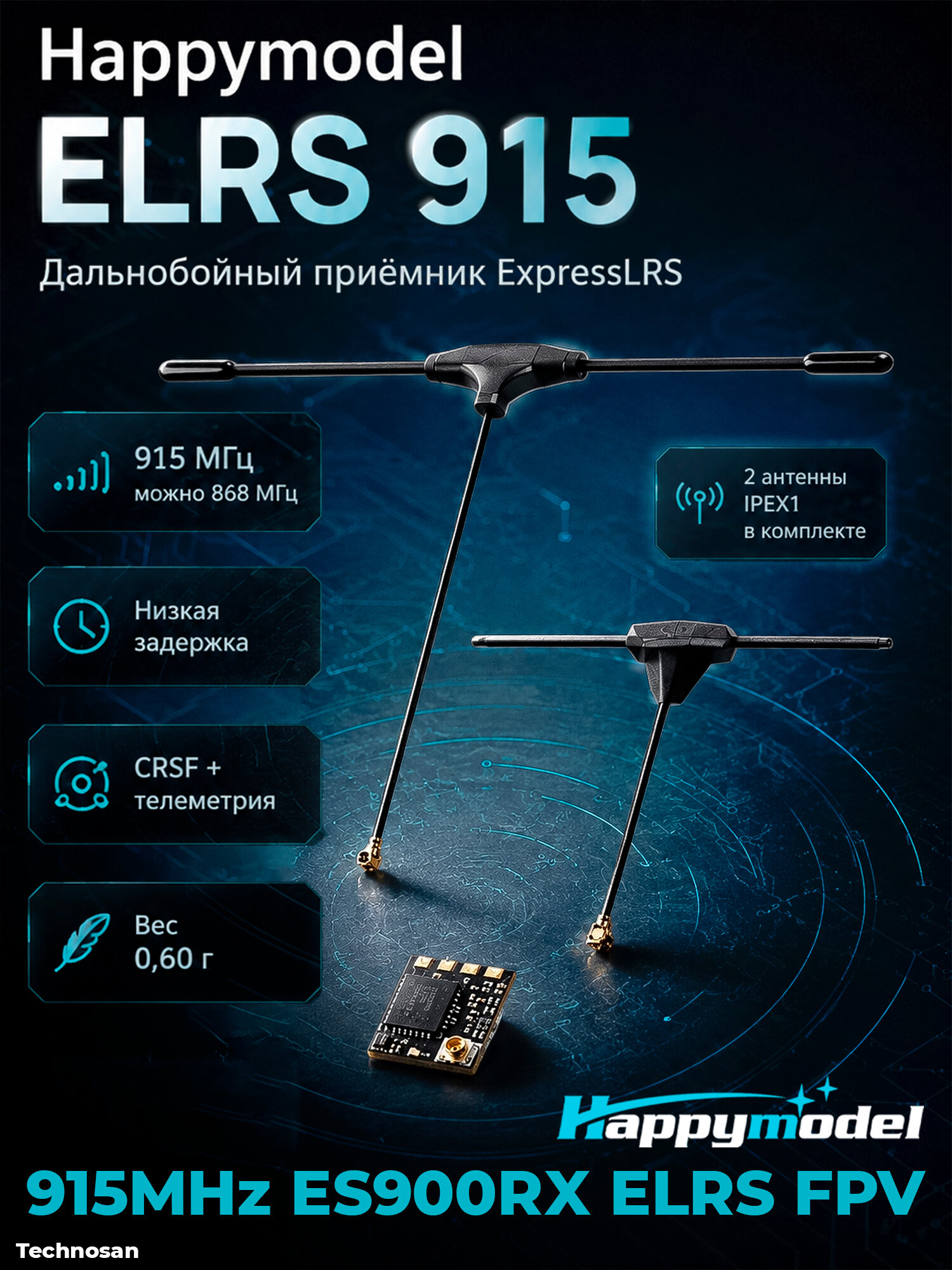 Приемник HappyModel 915MHz ES900RX ELRS FPV, с двумя антеннами IPEX1