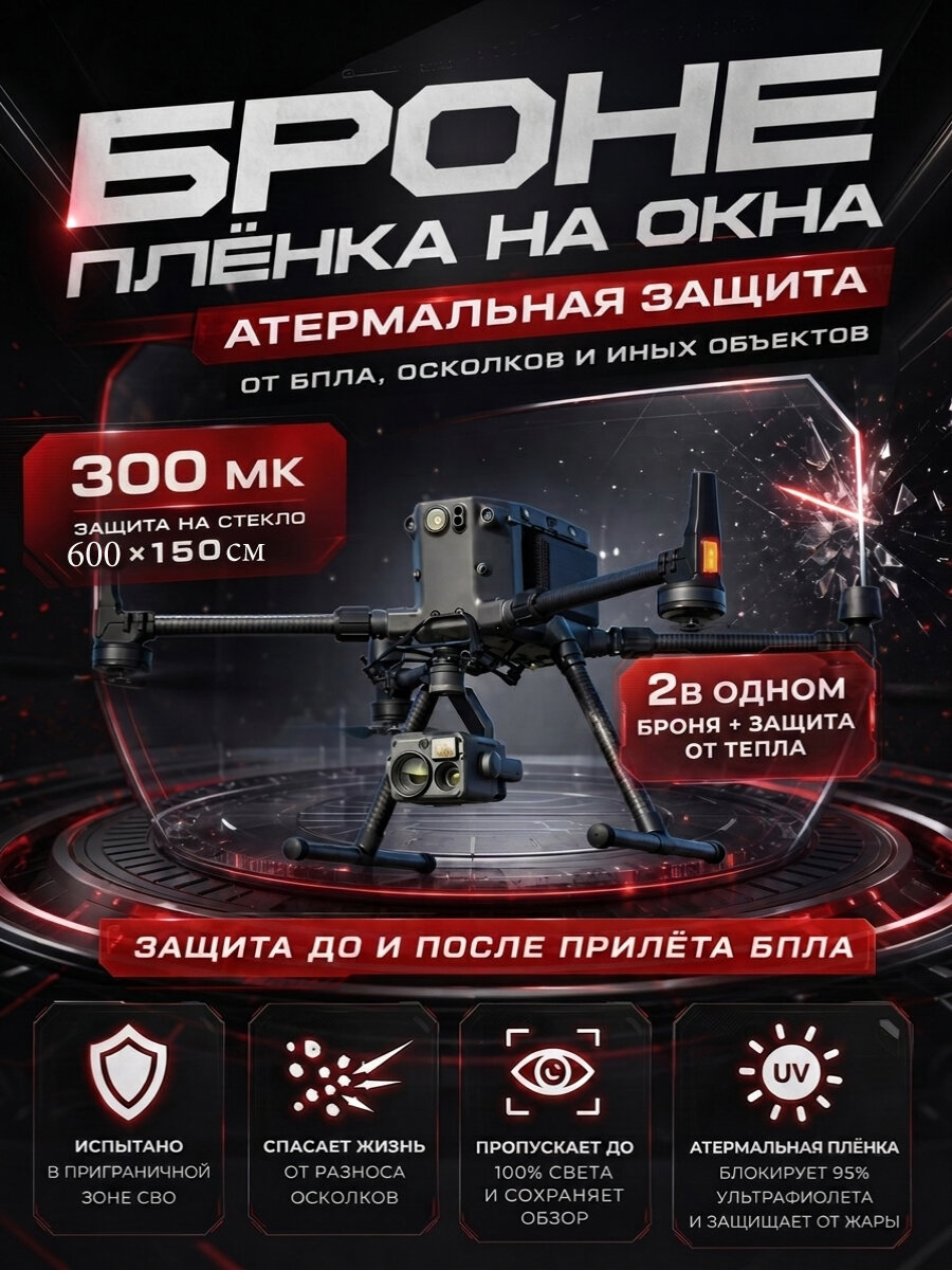 Защитная бронепленка для окон 150смx600 см, 300 мкм, прозрачная атермальная пленка