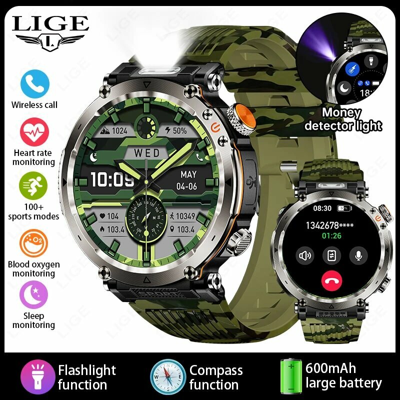 Мужские военные смарт-часы New Military Sports Smart Watch 1.7 дюйма с AMOLED дисплеем Camouflage1