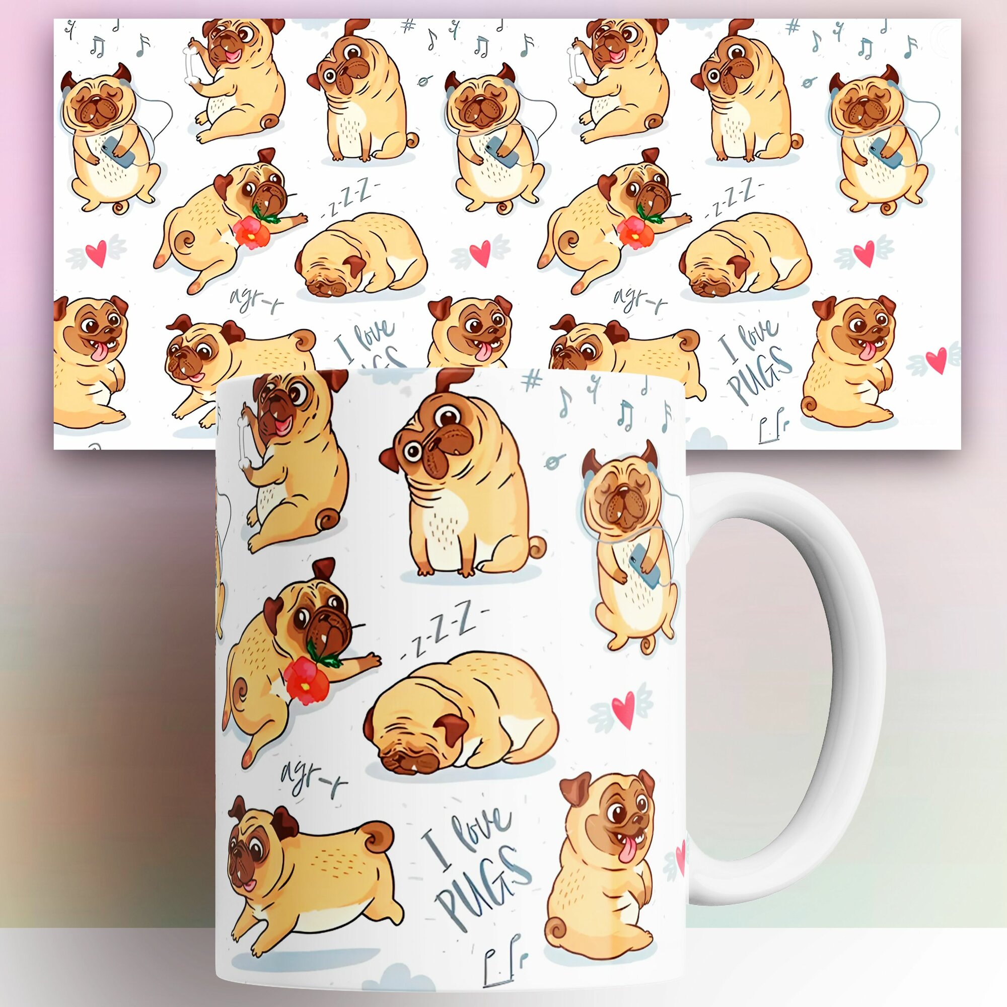 Кружка с принтом Веселые мопсы 330 мл