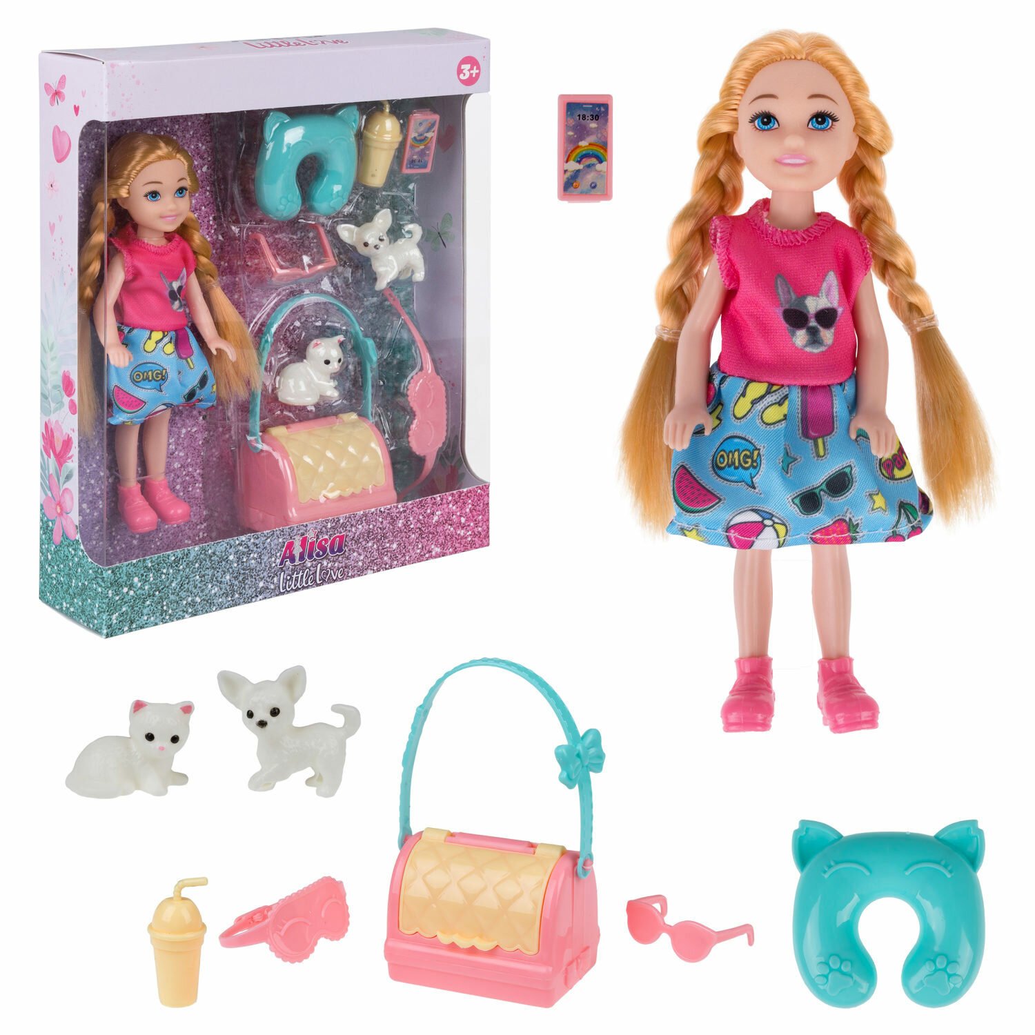 Кукла детская Алиса фэшн 1TOY с аксессуарами и питомцами, блондинка с косичками, маленькая,14,4 см