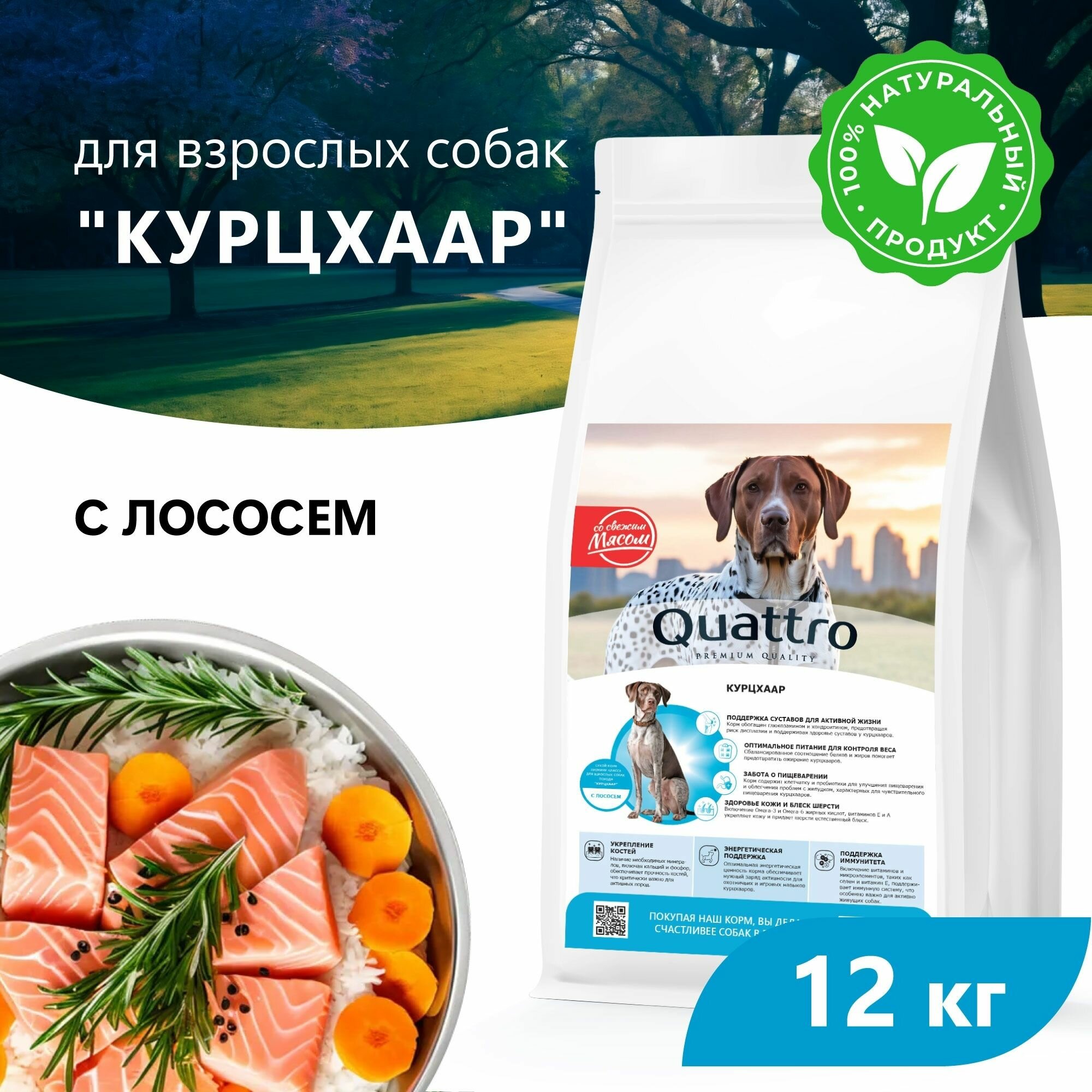 Quattro корм для взрослых собак породы Курцхаар, с лососем 12 кг