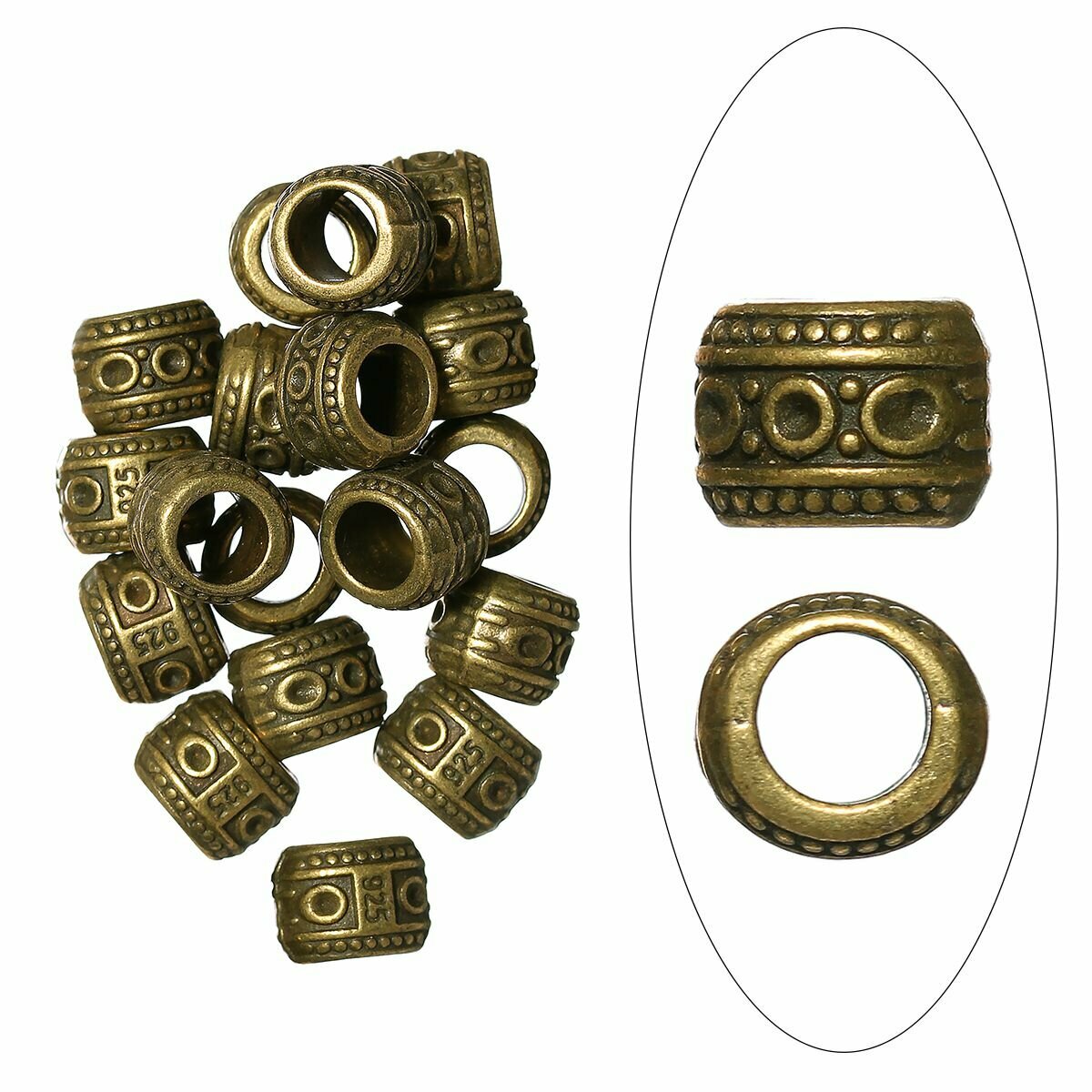 Бусина металлическая, 10х9х8мм, бочонок с орнаментом, базовый материал - оловянный сплав, бронзовый, 10 шт.