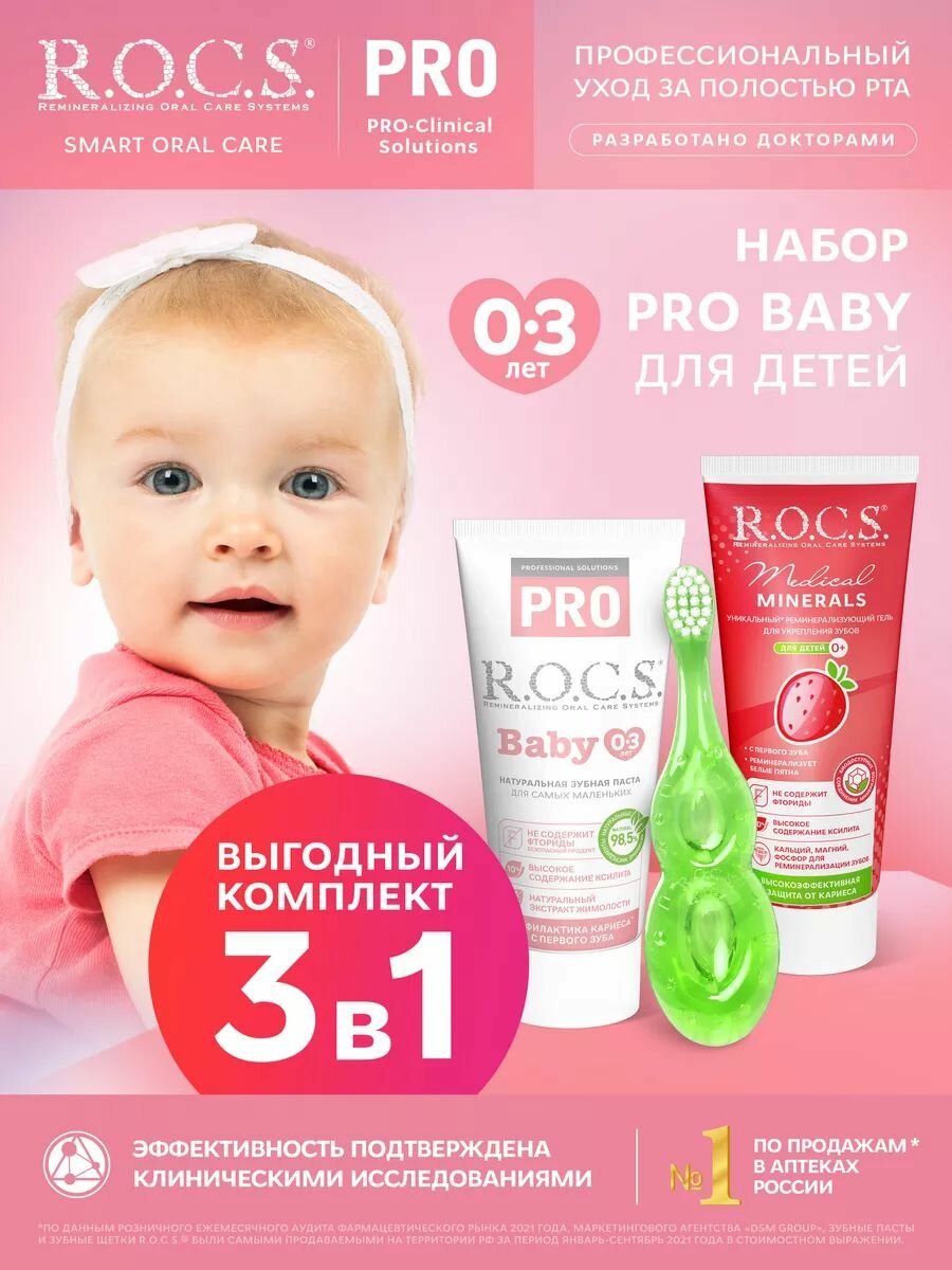 R.O.C.S. Зубная паста для детей PRO Baby от 0 до 3 лет + гель + зубная щетка