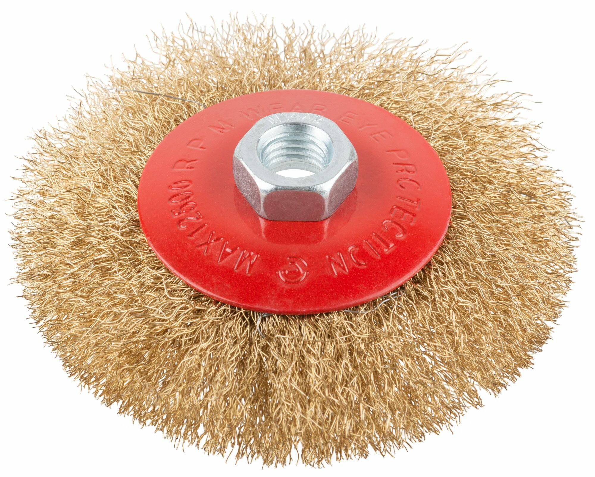 Корщетка-колесо с наклоном, гайка М14, стальная волнистая латунированная проволока 115 мм 39022