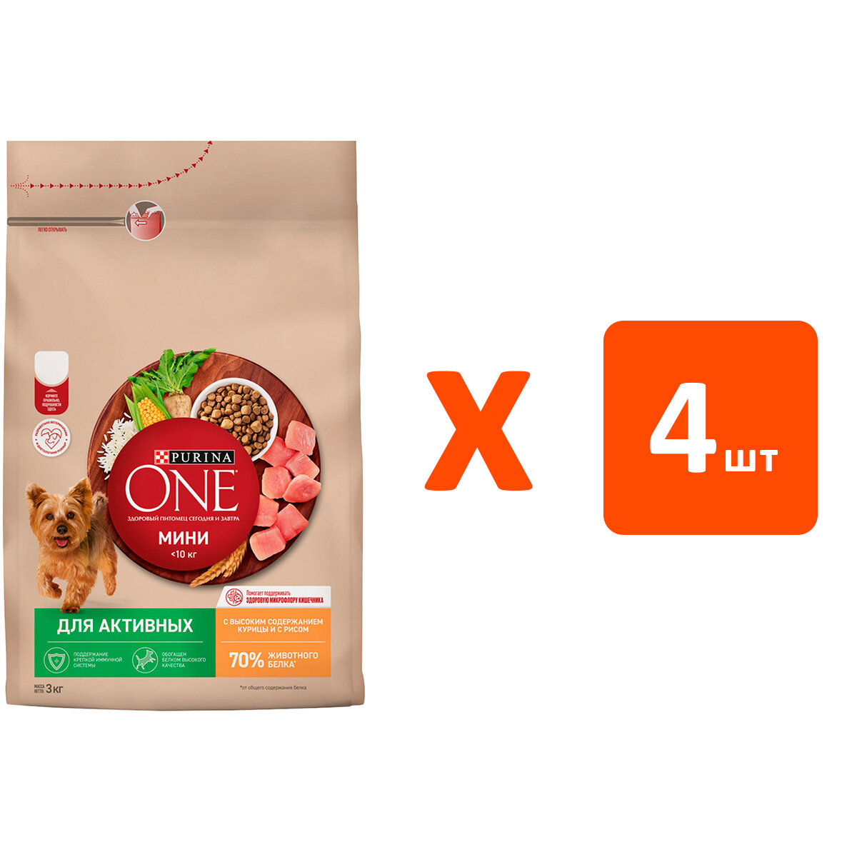 Корм сухой Purina One мини для взрослых собак мелких и карликовых пород при активном образе жизни, курица рис, 3 кг х 4 шт