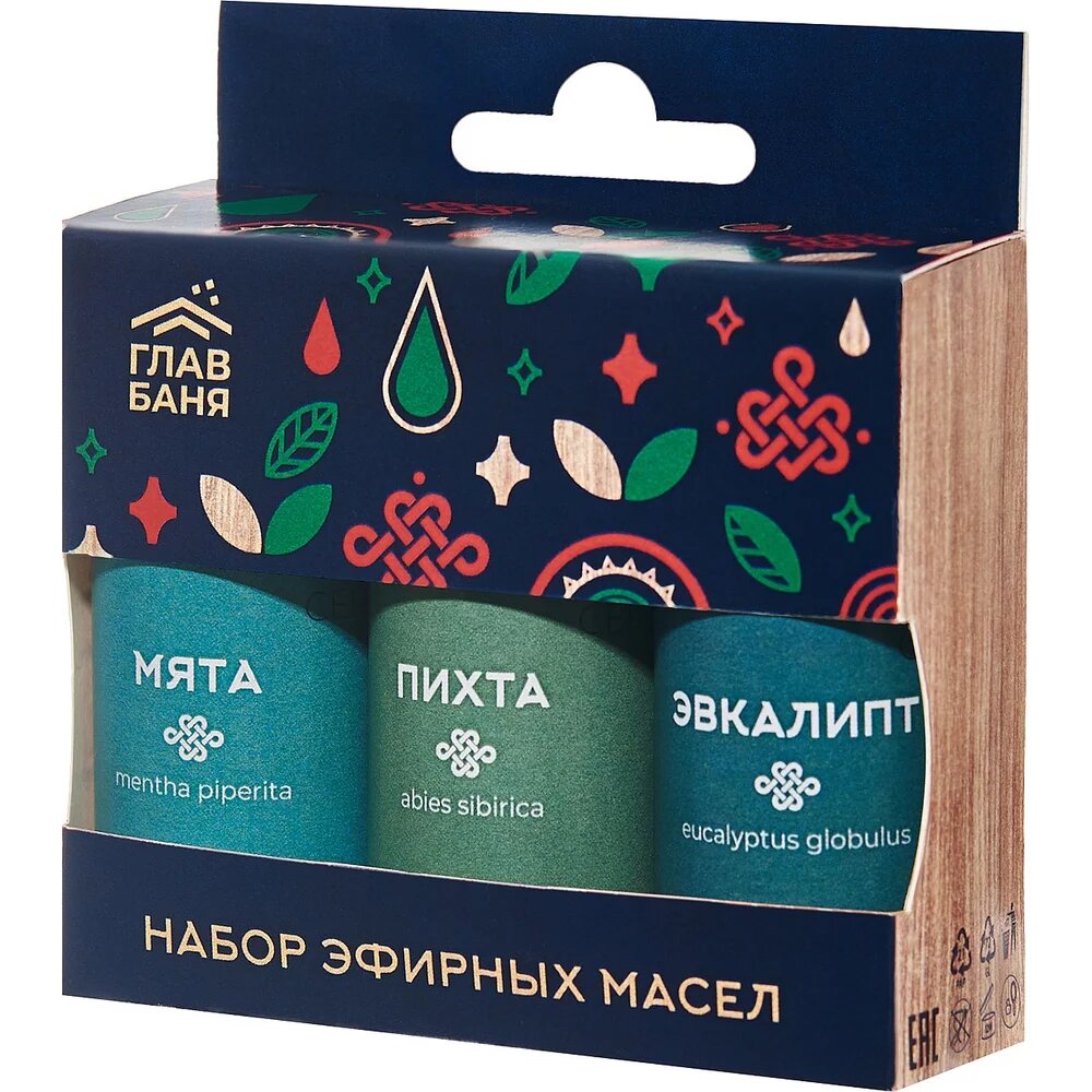 Набор эфирных масел ГлавБаня с ароматами пихты, мяты и эвкалипта, средство для расслабления и освежения