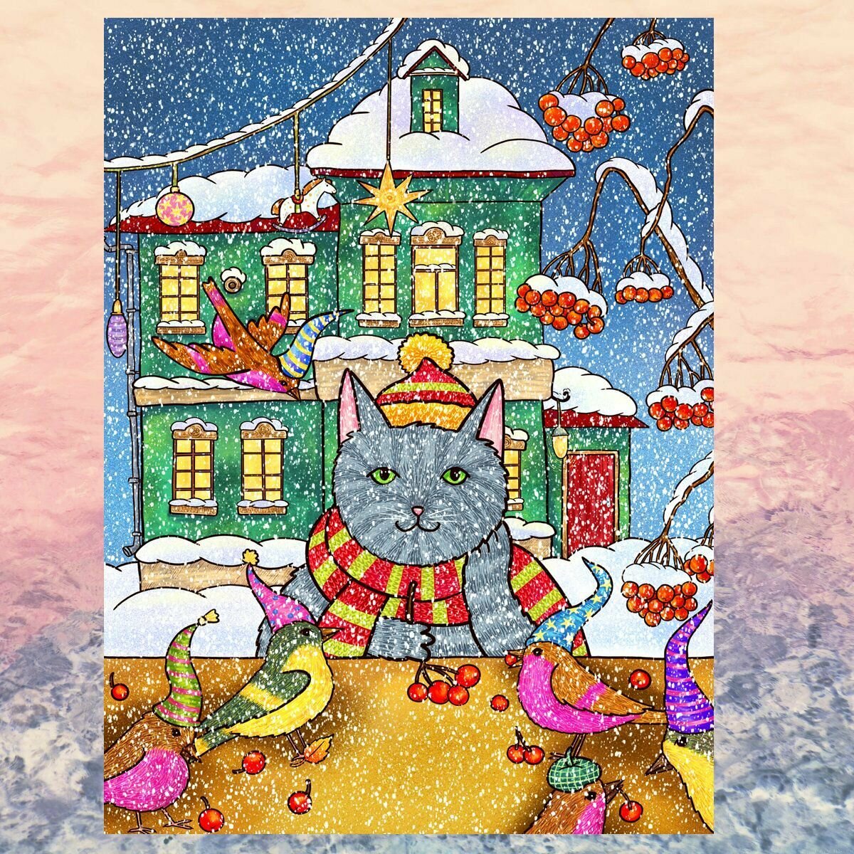 Открытка Котик на даче зимой Открытка с Новым годом и Рождеством поздравительная с конвертом