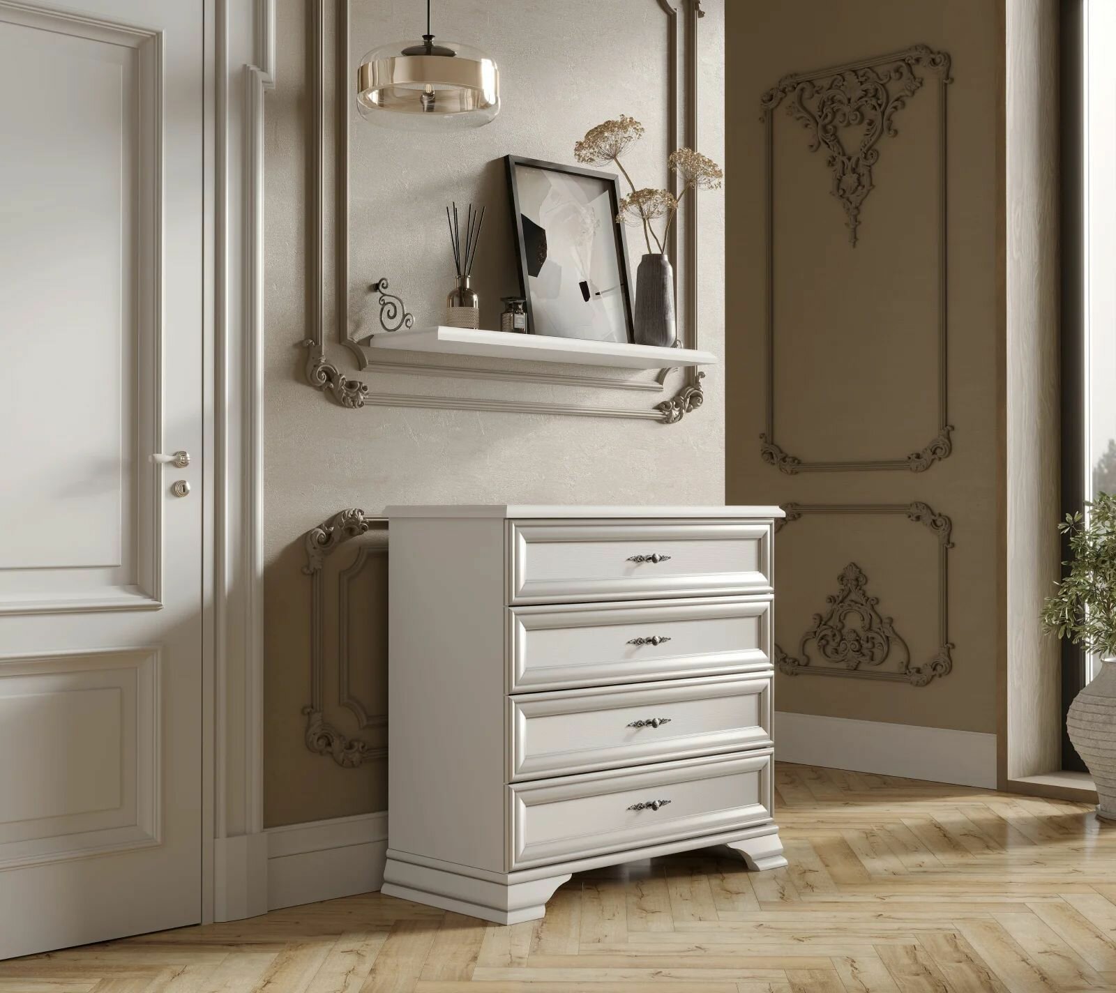 Комод Kentaki KOM4S, для одежды и вещей, с ящиками 4 шт, белый