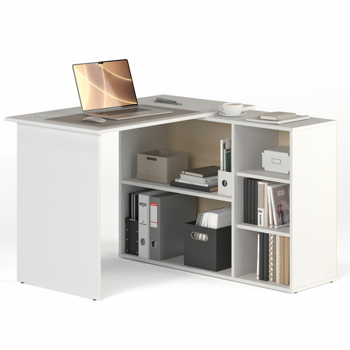 Письменный стол с поворотной тумбой с полочками (тумба справа) МагМебель №94 белый