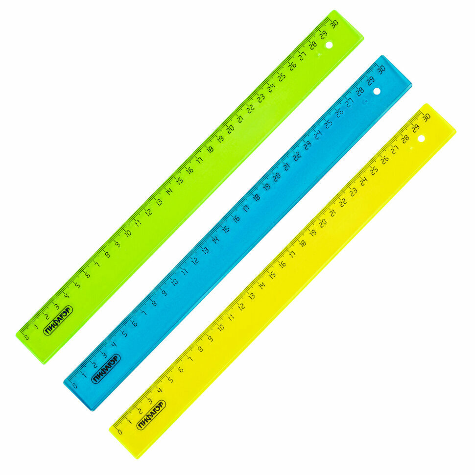 Линейка пластиковая 30 см, пифагор, прозрачная, неоновая, ассорти, 210609, 210609