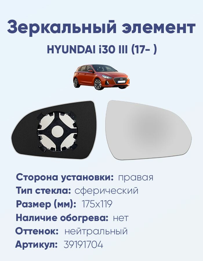 Зеркальный элемент правый HYUNDAI i30 III (17- ) сфера нейтральный без обогрева