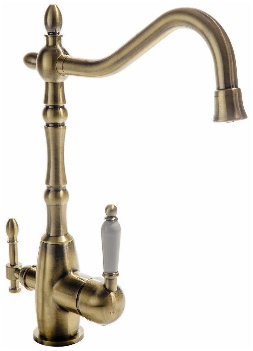 Смеситель кран для кухни ретро HOFFNUNG HFG-AC175 с высоким изливом и с подключением к фильтру питьевой воды Бронза Германия