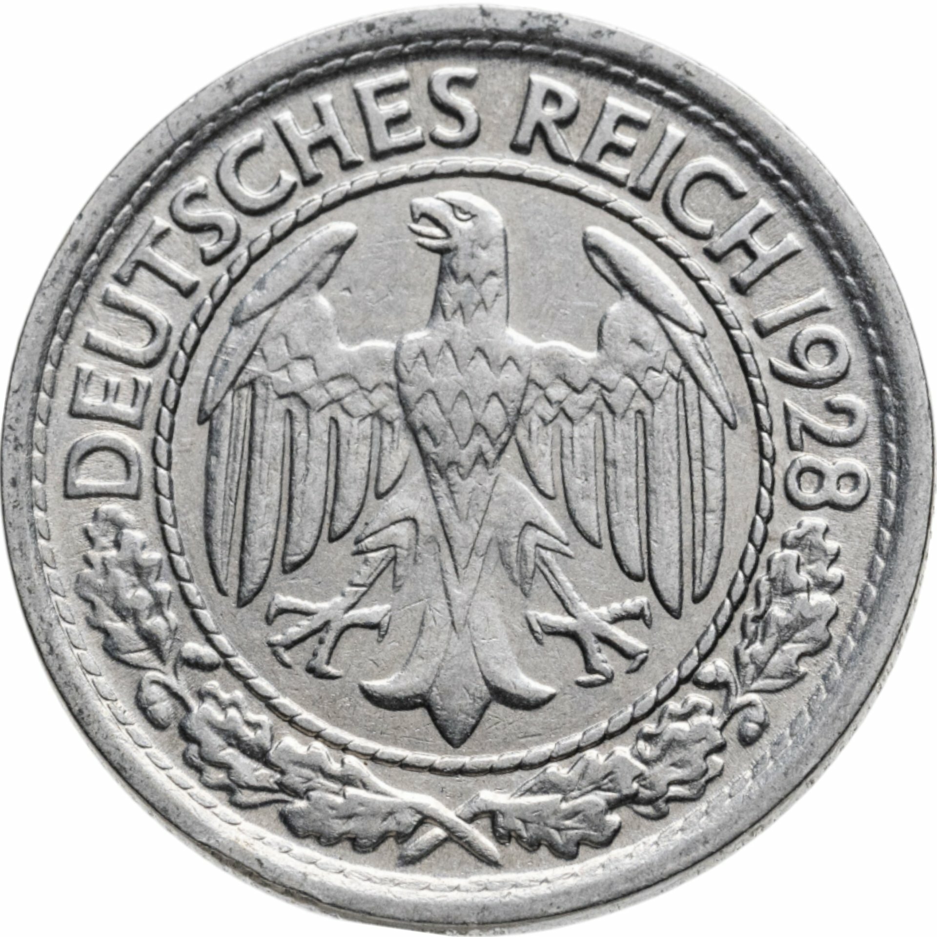Германия 50 рейхспфеннигов reichspfennig 1928 знак монетного двора "Е" — Мульденхюттен, Никель, в сохранности AU
