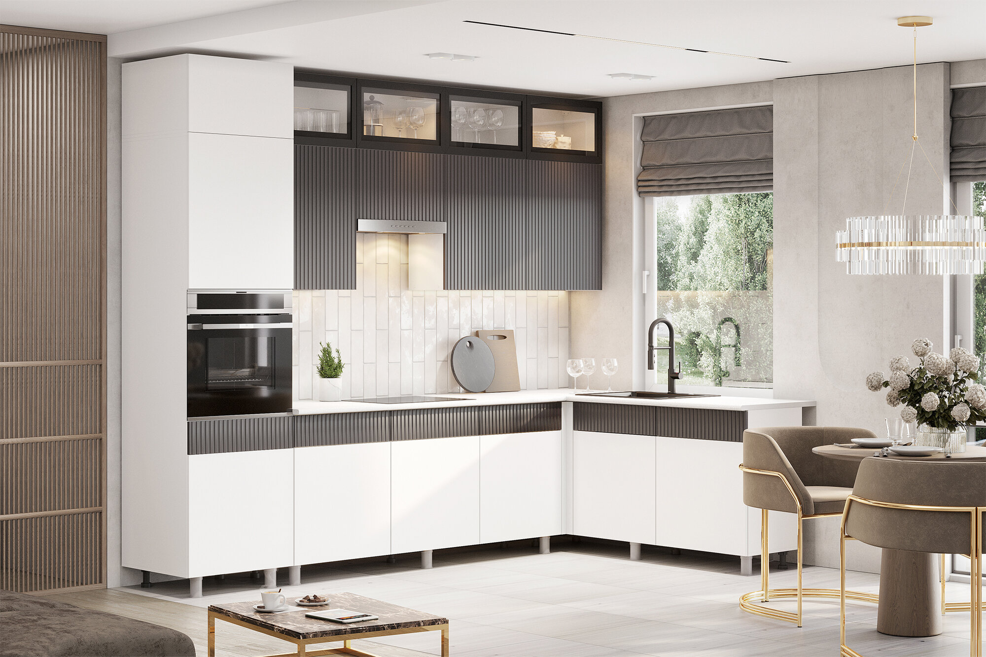 Кухонный гарнитур угловой Нонтон Гренто, 300х180 см, бланж / графит матовый