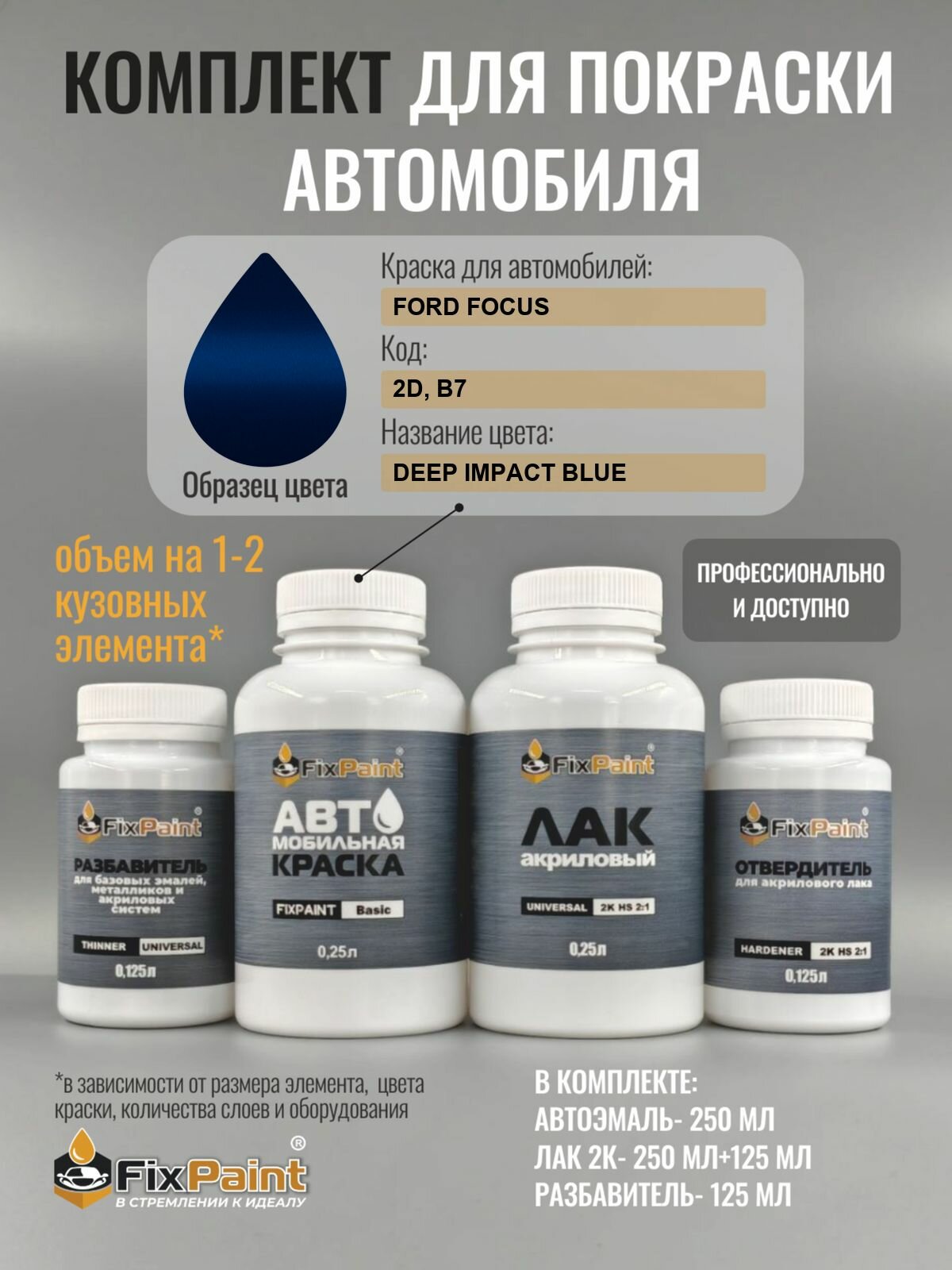 Комплект для покраски FORD FOCUS, код 2D, B7, DEEP IMPACT BLUE, базовая автомобильная эмаль 250 мл, лак 2K 250 мл с отвердителем, разбавитель 125 мл, FixPaint Pro