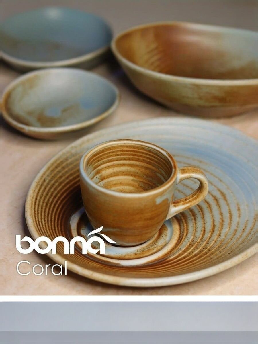 Кофейная пара Bonna "Корал" 80мл, 1 штука, для эспрессо, ударопрочный, профессиональный фарфор, чашка с блюдцем "Coral" Турция