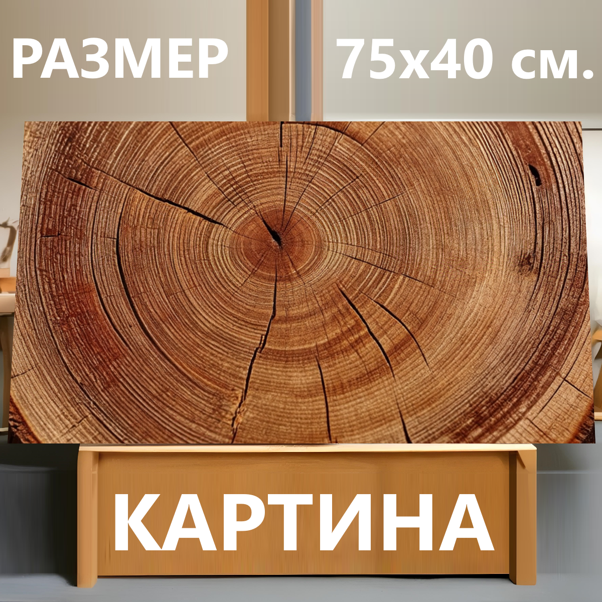 Картина на холсте "Текстура спила дерева, крупным планом, с детализированным отображением кольцевых узоров и волокон древесины, создавая." на подрамнике 75х40 см. для интерьера