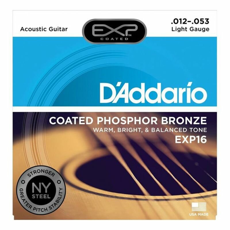 D'Addario EXP16 - PHOSPHOR BRONZE NY Steel Струны акустической гитары из люминофорной бронзы с покрытием, Light 12-53 легкие струны 12-53 с покрытием акустические струны light