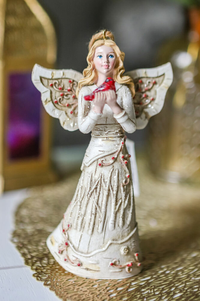 Ёлочная игрушка лесной ангел С птицей, блондинка, полистоун, 12 см, Kurts Adler C7930-2