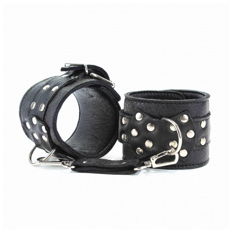 Наручники БДСМ Арсенал из натуральной кожи черные с металлической пряжкой ширина 6 см