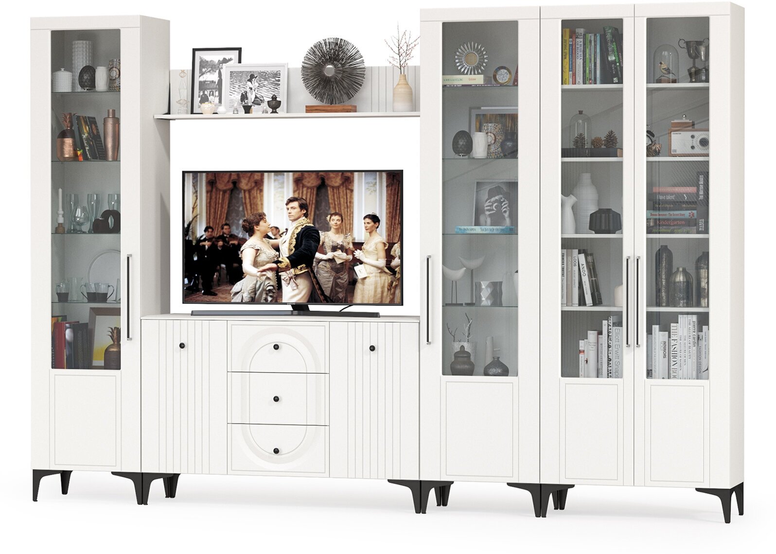 Набор мебели для Вашей гостиной комнаты Валенсия № 106, цвет белый шагрень 327,3х38,4х225,2 см, ниша ТВ 133х38х100 см.