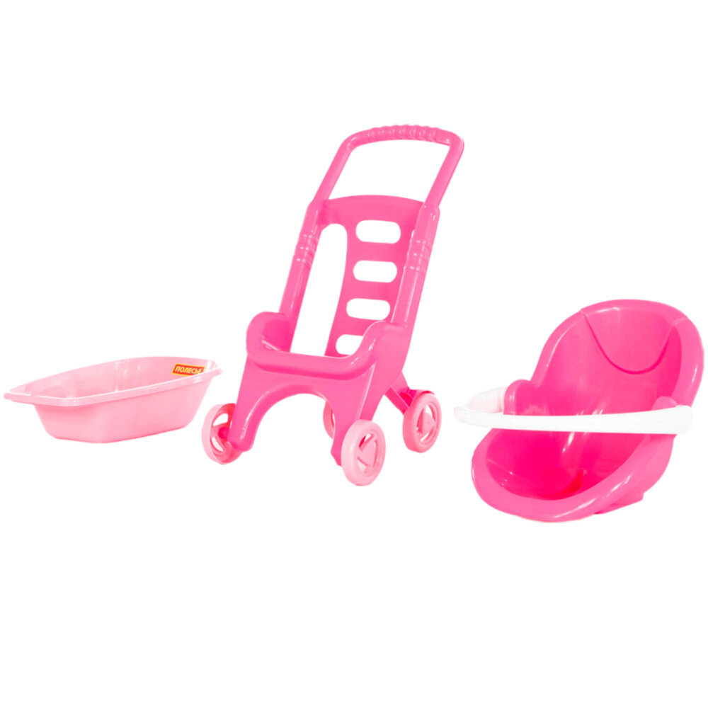 Коляска "Pink Line" для кукол 3 в 1 / коляска 35,5х27,5х49 см, люлька-переноска, ванночка / пластик, в сетке