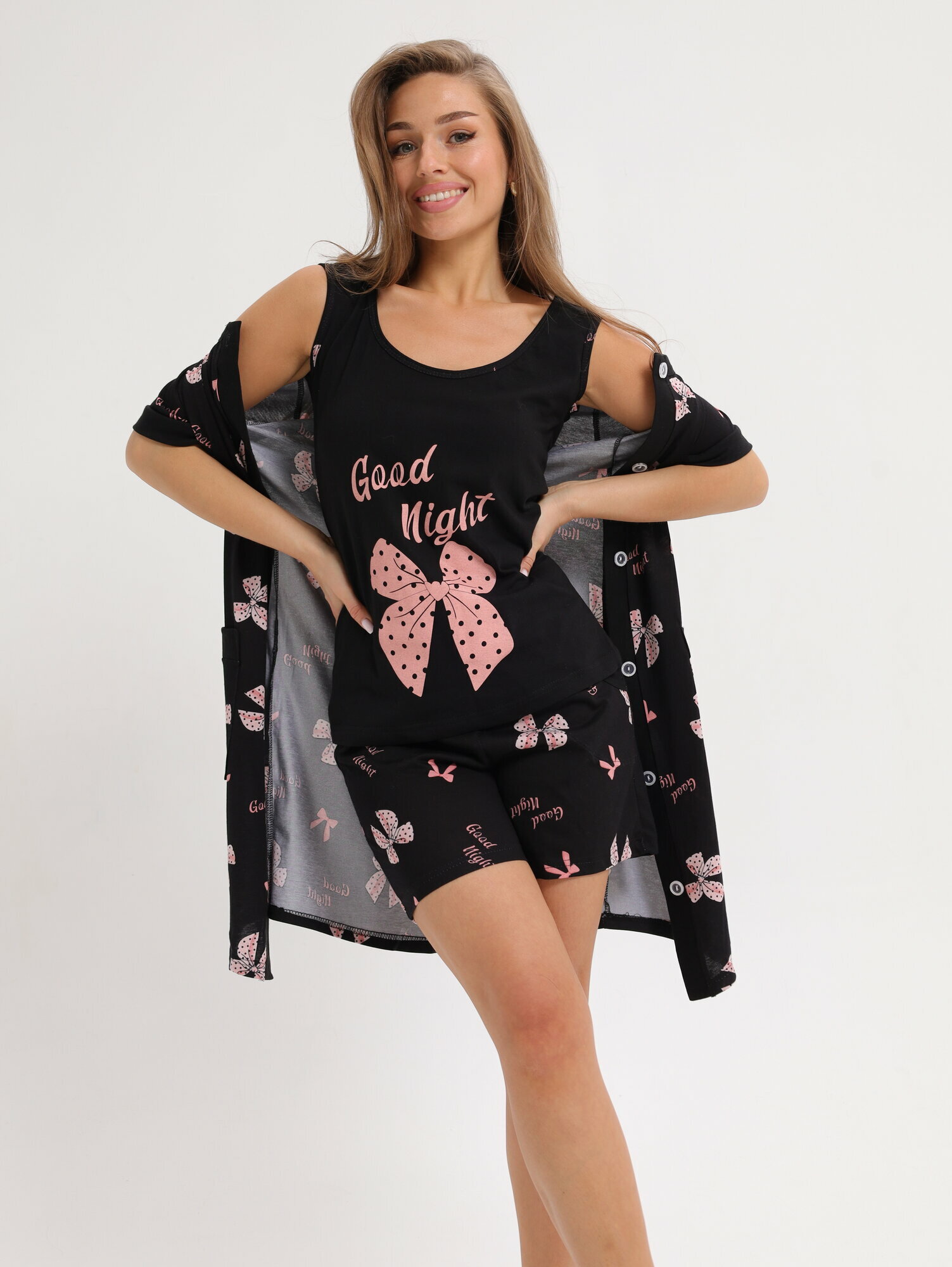 Комплект домашний женский с шортами, с халатом, пижама женская