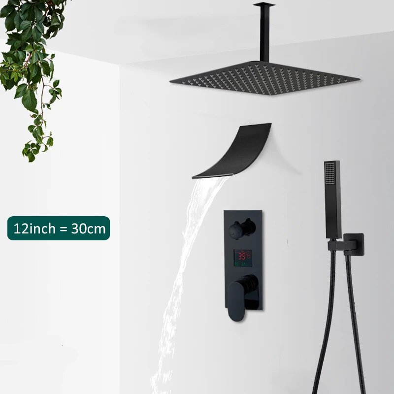 Матовый черный душевая смесительная крановая установка с LED-цифровым дисплеем Душовая система с дождевым и водопадным потоком Черная ванна Душовая система с LCD-дисплеем Смесительный кран для душа - 3-хходовой 12-дюймовый потолочный
